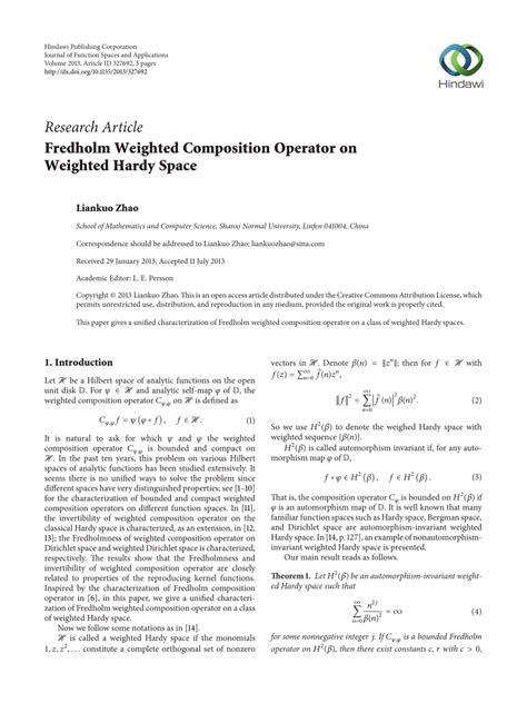 pdf fredholm weighted composition operator on weighted hardy space