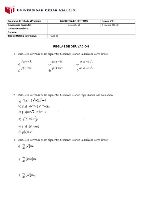 Guía 1 Reglas básicas de la derivada REGLAS DE DERIVACIÓN 1 Calcule