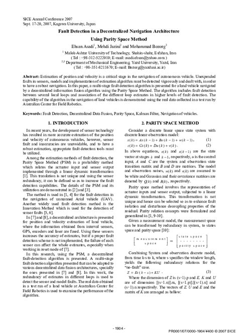 pdf fault detection in a decentralized navigation architecture using parity space method
