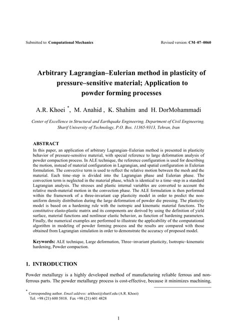pdf arbitrary lagrangian eulerian method in plasticity of pressure sensitive material
