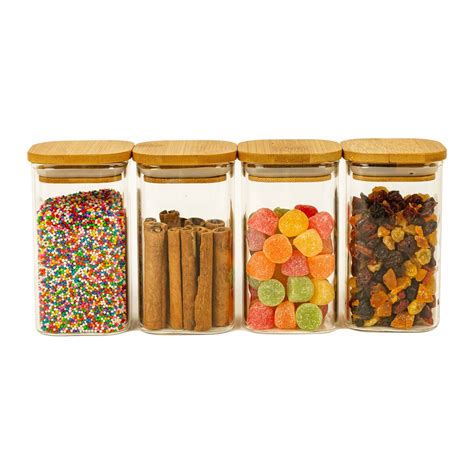 Kit 4 Potes De Vidro Tampa De Bambu Quadrados 250ml Oikos