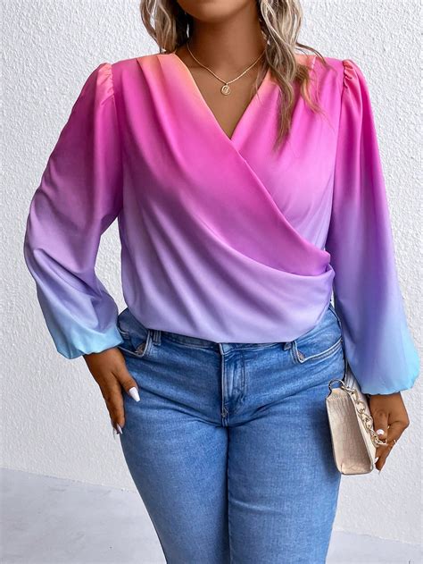 SHEIN Essnce Plus Ombre Surplice Neck Lantern Sleeve Blouse SHEIN UK