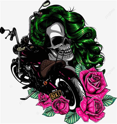 Motorcycle With Skull And Rose Vector Illustration Featuring A Woman