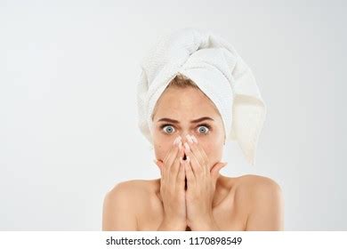 Shocked Naked Woman Towel Holding Treatment Stock Photo 1627361032