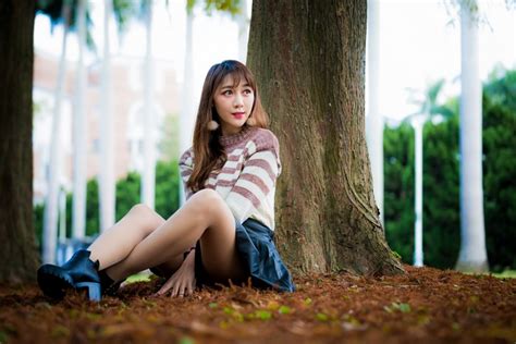 K Asian Bokeh Brown Haired Sitting Sweater Skirt Legs Hd