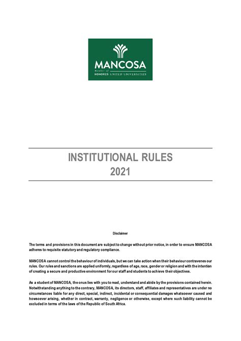 Mancosa Institutional Rules 2021 INSTITUTIONAL RULES 2021 Disclaimer