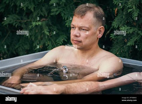 Man Ice Bathing In The Cold Water Among Ice Cubes Wim Hof Method Cold