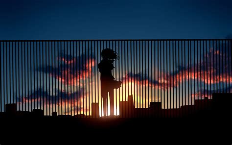 雲 アニメの女の子 都市 フェンス アニメ シルエット 日光 空 太陽 風景 日没 HDデスクトップの壁紙