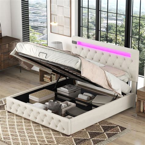 Lit coffre avec tête de lit réglable led ports usb lecteur