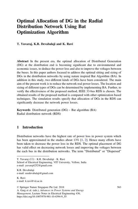 pdf optimal allocation of dg in the radial distribution network using bat optimization algorithm