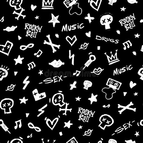 Rock N Roll Seamless Pattern Black White Print For Textiles