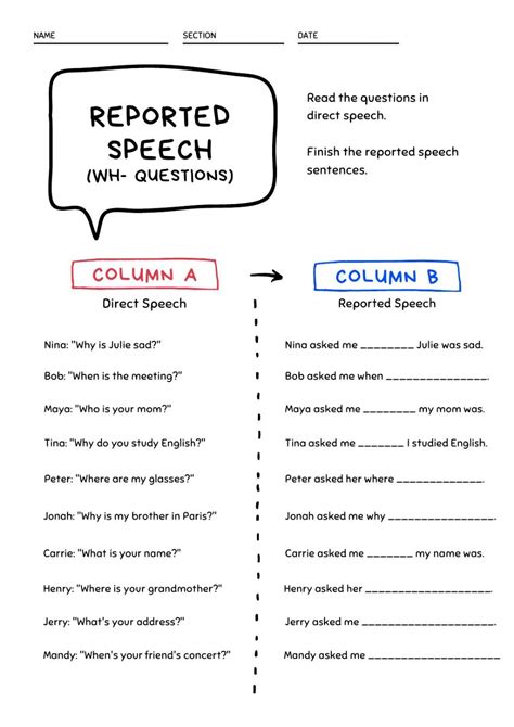 Reported Speech Wh Questions Worksheet Reported Speech Teaching