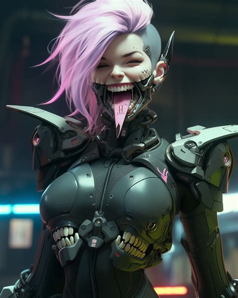 A Female Character With Pink Hair And Metal Armor Holding A Knife In