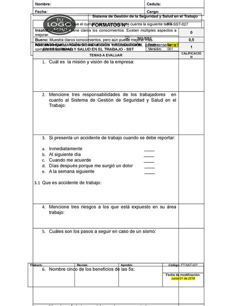 FT SST 027 Formato Evaluación Inducción y Reinducción de SST Sistema