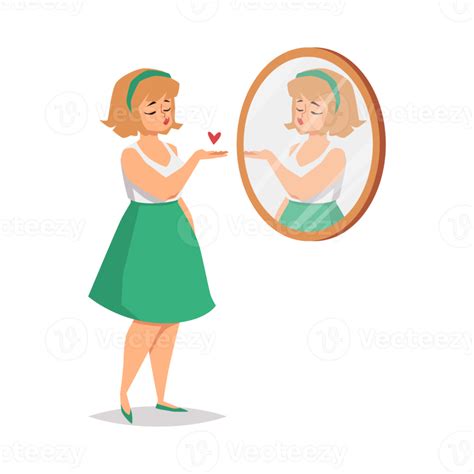 Sorridente Positivo Ragazza Sembra A Sua Riflessione Nel Specchio E