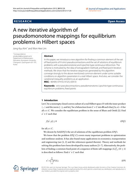 pdf a new iterative algorithm of pseudomonotone mappings for equilibrium problems in hilbert