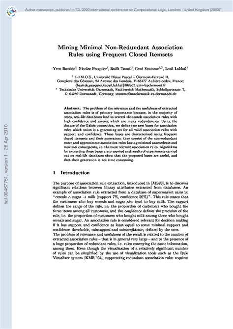 pdf mining minimal non redundant association rules using frequent closed itemsets nicolas