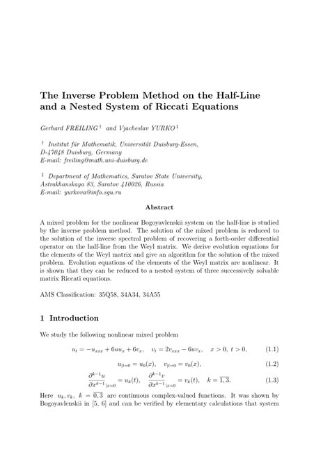 pdf the inverse problem method on the half line and a nested system of riccati equations
