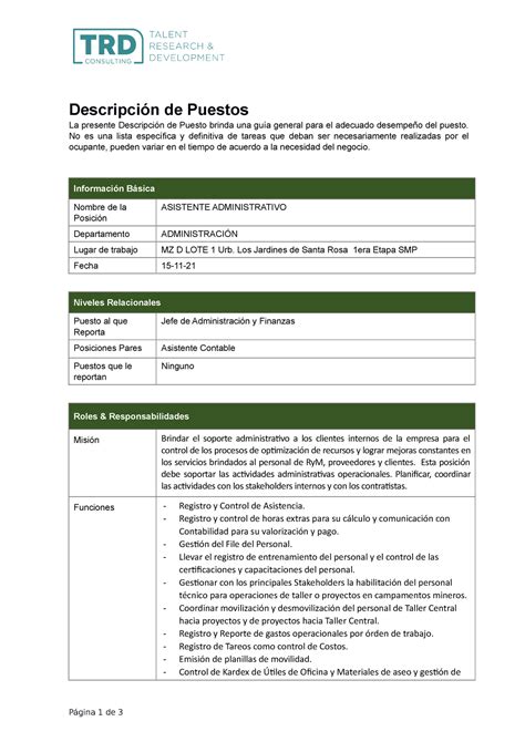 Descripción de Cargo Asistente Administrativo PDF Cognición Ciencia