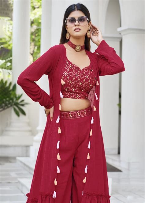 Red Crop Top Palazzo Set With Shrug Urban Womania