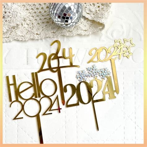 Ins Nochevieja 2024 Fiesta Cake Toppers Acrílico Dorado Hola 2024 Feliz