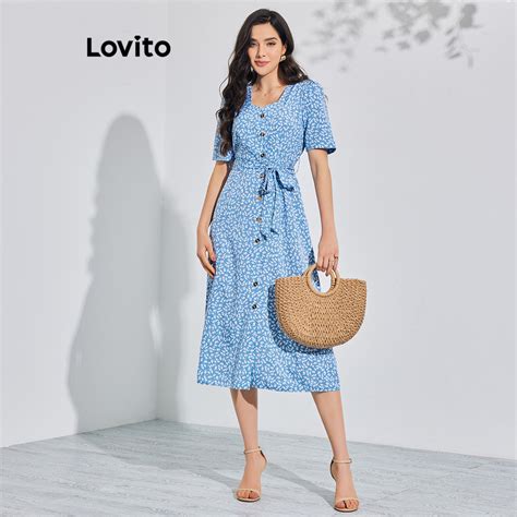 Lovito Women Boho Ditsy Floral Button Front Belted Dress LBL08171