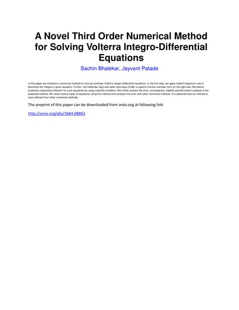 pdf a novel third order numerical method for solving volterra integro differential equations