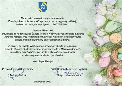 Yczenia Z Okazji Wi T Wielkiej Nocy Gmina Mi Dzyrzec Podlaski