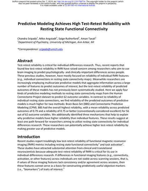 pdf predictive modeling achieves high test retest reliability with resting state functional