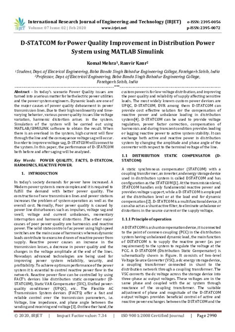 pdf d statcom for power quality improvement in distribution power system using matlab simulink