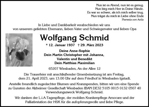 Traueranzeigen Von Wolfgang Schmid Vrm Trauer De