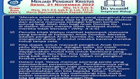 Kalender Liturgi Katolik Senin 21 November 2022 Bacaan Injil Katolik