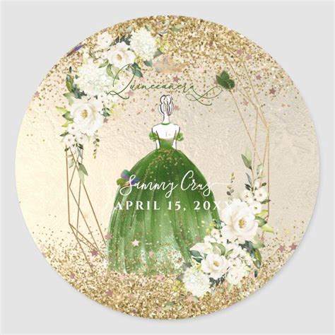 Pixdezines Quinceanera H Emerald Green Dress Classic Round Sticker