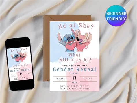 Angel And Stitch Gender Reveal Invitation Digital And Printable Invite