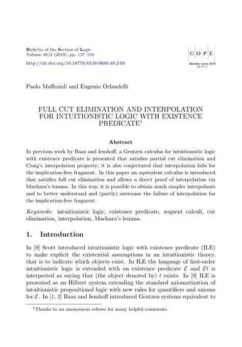 pdf full cut elimination and interpolation for intuitionistic logic with existence predicate