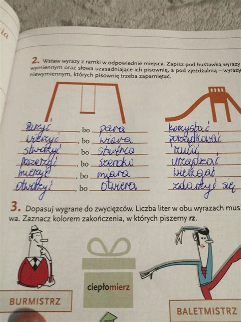Wstaw wyrazy z ramki w odpowiednie miejsca zapisz pod huśtawka wyrazy z