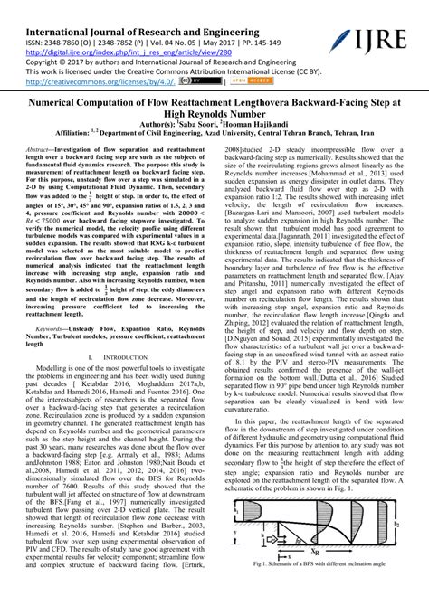 pdf numerical computation of flow reattachment length over a backward facing step at high