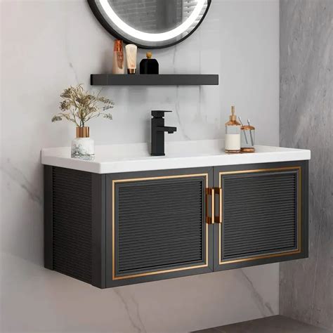 40 Black Floating Bathroom Vanity Set Drop In Ceramic Sink With