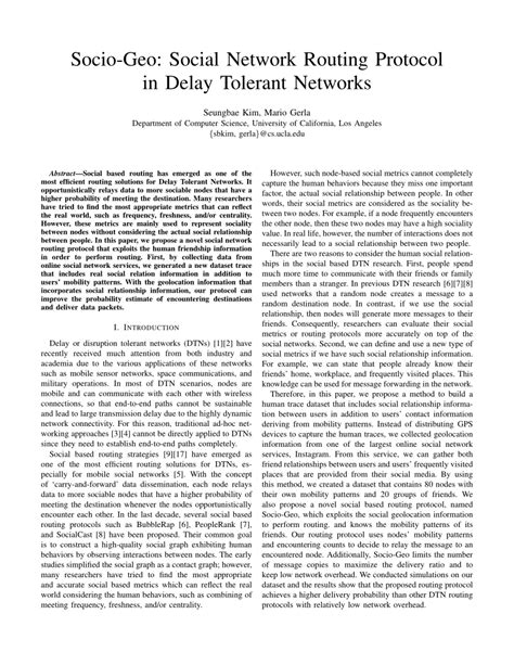pdf socio geo social network routing protocol in delay tolerant networks