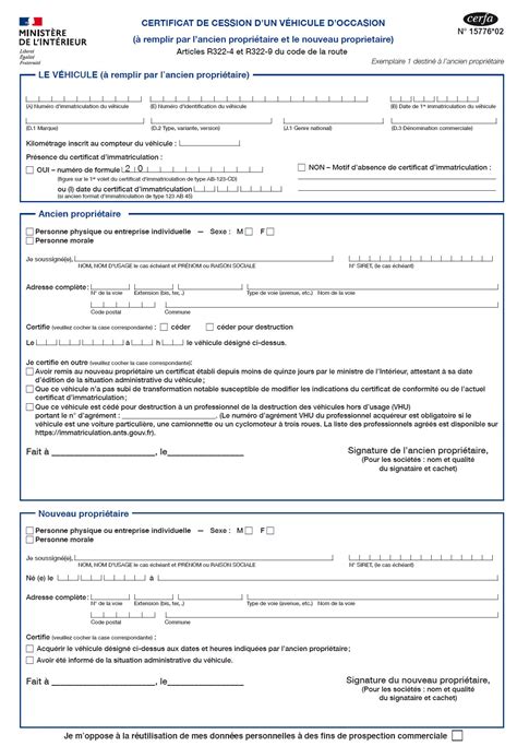 Certificat de cession d un véhicule d occasion
