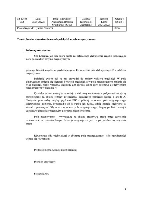 208 sprawozdanie Nr ćwicz 208 Data 09 05 Imię i Nazwisko