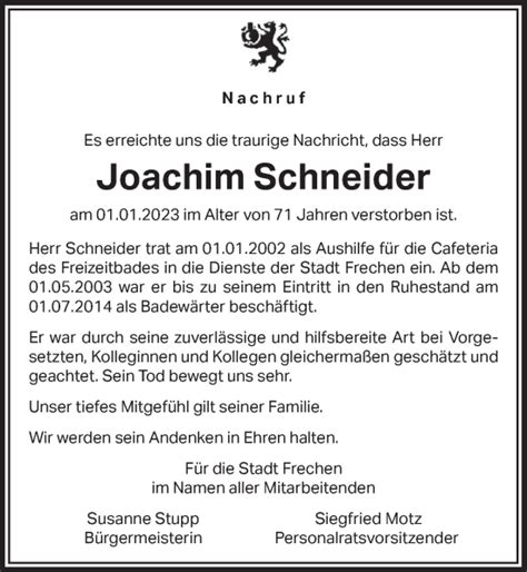 Traueranzeigen Von Joachim Schneider WirTrauern