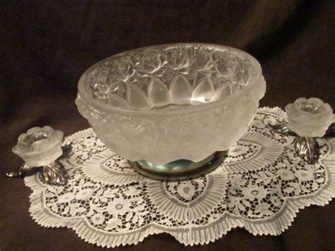 Frosted Satin Glass Serving Bowl With Embossed Roses West Etsy Glass Serving Bowls Bowl