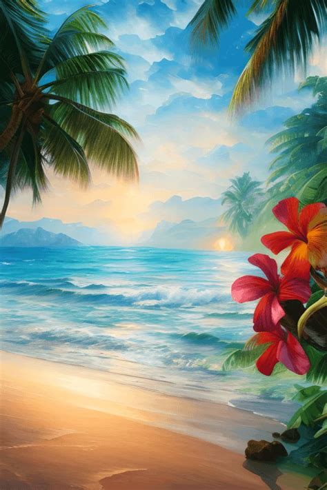 An Oil Painting Of Tropical Beach Scene With Palm Trees And Flowers On