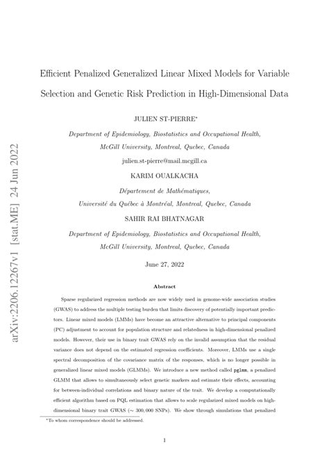 pdf efficient penalized generalized linear mixed models for variable selection and genetic