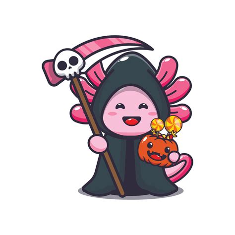 Cute Grim Reaper Axolotl Holding Scythe And Halloween Pumpkin Cute