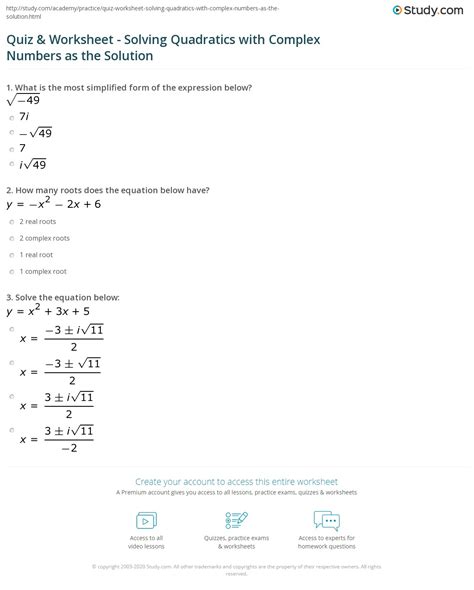 quadratic formulas with imaginary numbers worksheet