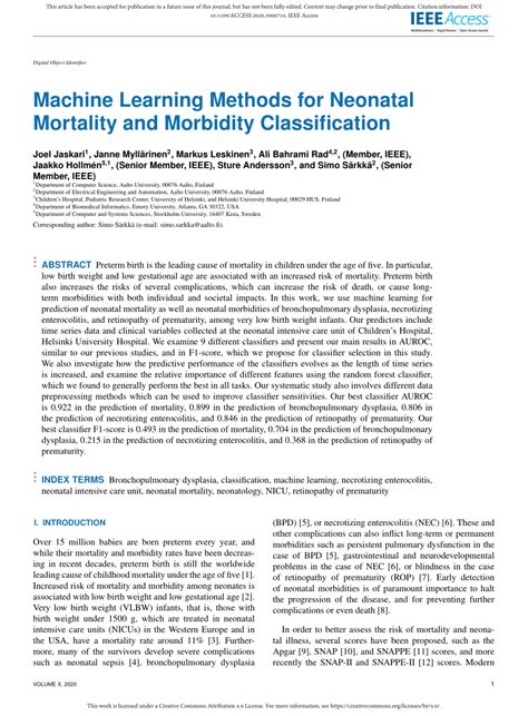 pdf machine learning methods for neonatal mortality and morbidity classification