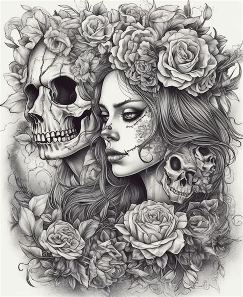 Un Dibujo En Blanco Y Negro De Una Mujer Y Una Calavera Con Rosas