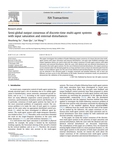 pdf semi global output consensus of discrete time multi agent systems with input saturation